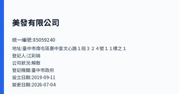 美發有限公司的照片-統編 85059240(臺中市) 公司登記資料與營業項目詳細圖表