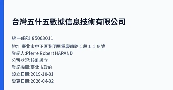 台灣五什五數據信息技術有限公司的照片-統編 85063011(臺北市) 公司登記資料與營業項目詳細圖表