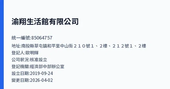 渝翔生活館有限公司的照片-統編 85064757(南投縣) 公司登記資料與營業項目詳細圖表