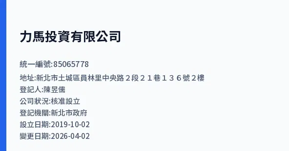 力馬投資有限公司的照片-統編 85065778(新北市) 公司登記資料與營業項目詳細圖表