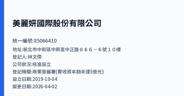 美麗妍國際股份有限公司的照片-統編 85066410(新北市) 公司登記資料與營業項目詳細圖表