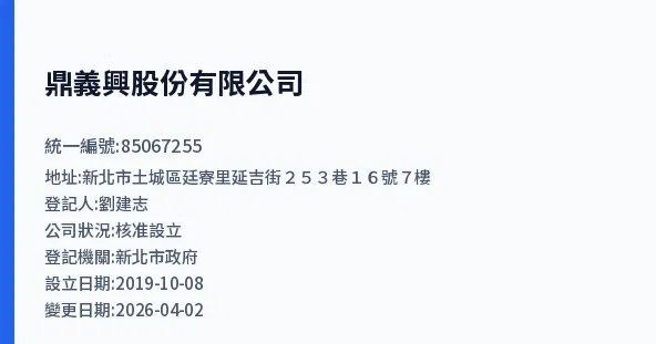 鼎義興股份有限公司的照片-統編 85067255(新北市) 公司登記資料與營業項目詳細圖表