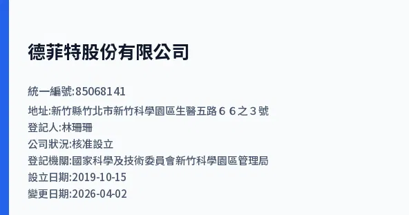 德菲特股份有限公司的照片-統編 85068141(新竹縣) 公司登記資料與營業項目詳細圖表