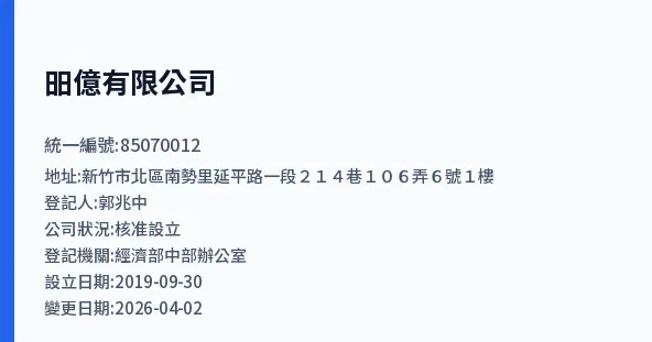昍億有限公司的照片-統編 85070012(新竹市) 公司登記資料與營業項目詳細圖表