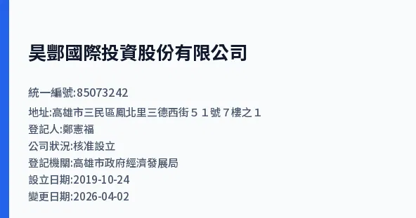 昊酆國際投資股份有限公司的照片-統編 85073242(高雄市) 公司登記資料與營業項目詳細圖表