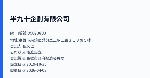 半九十企劃有限公司的照片-統編 85073833(高雄市) 公司登記資料與營業項目詳細圖表