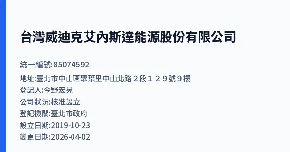 台灣威迪克艾內斯達能源股份有限公司的照片-統編 85074592(臺北市) 公司登記資料與營業項目詳細圖表