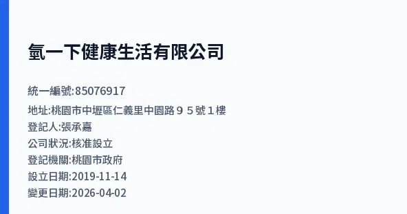 氫一下健康生活有限公司的照片-統編 85076917(桃園市) 公司登記資料與營業項目詳細圖表