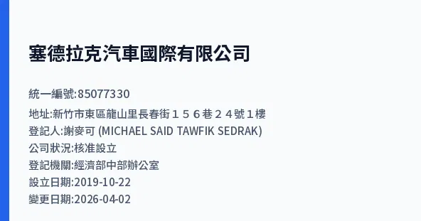 塞德拉克汽車國際有限公司的照片-統編 85077330(新竹市) 公司登記資料與營業項目詳細圖表