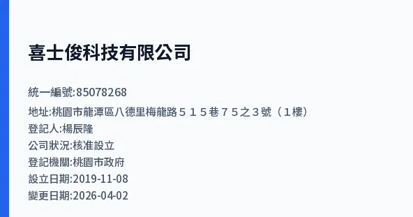 喜士俊科技有限公司的照片-統編 85078268(桃園市) 公司登記資料與營業項目詳細圖表