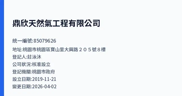 鼎欣天然氣工程有限公司的照片-統編 85079626(桃園市) 公司登記資料與營業項目詳細圖表