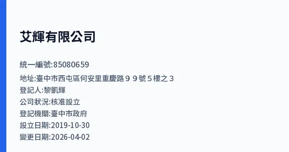 艾輝有限公司的照片-統編 85080659(臺中市) 公司登記資料與營業項目詳細圖表
