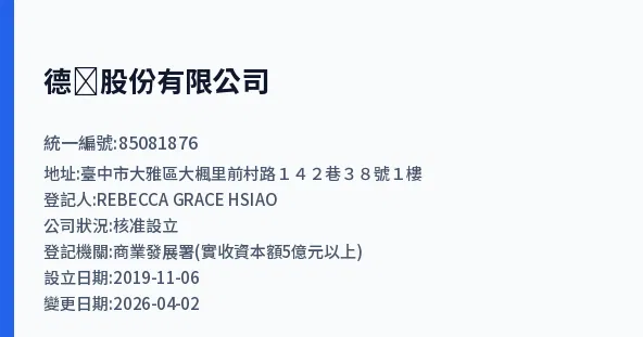 德嵄股份有限公司的照片-統編 85081876(臺中市) 公司登記資料與營業項目詳細圖表