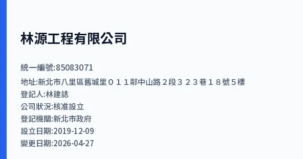 林源工程有限公司的照片-統編 85083071(新北市) 公司登記資料與營業項目詳細圖表