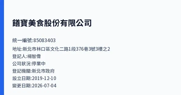 饍寶美食股份有限公司的照片-統編 85083403(新北市) 公司登記資料與營業項目詳細圖表