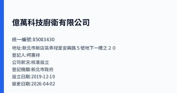 億萬科技廚衛有限公司的照片-統編 85083430(新北市) 公司登記資料與營業項目詳細圖表