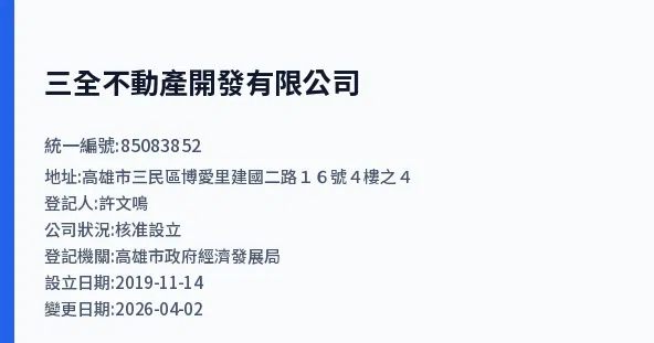 三全不動產開發有限公司的照片-統編 85083852(高雄市) 公司登記資料與營業項目詳細圖表