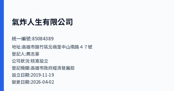 氣炸人生有限公司的照片-統編 85084389(高雄市) 公司登記資料與營業項目詳細圖表