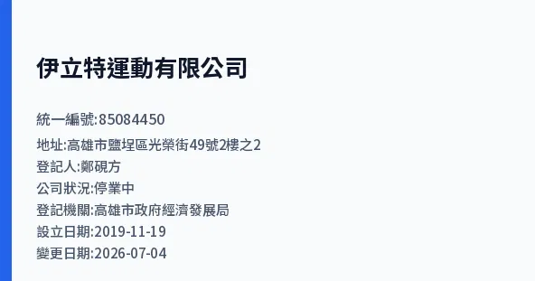 伊立特運動有限公司的照片-統編 85084450(高雄市) 公司登記資料與營業項目詳細圖表