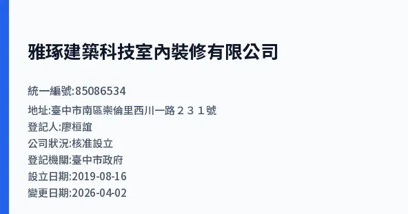 雅琢建築科技室內裝修有限公司的照片-統編 85086534(臺中市) 公司登記資料與營業項目詳細圖表