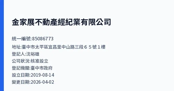 金家展不動產經紀業有限公司的照片-統編 85086773(臺中市) 公司登記資料與營業項目詳細圖表