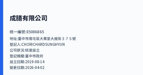 成膳有限公司的照片-統編 85086865(臺中市) 公司登記資料與營業項目詳細圖表