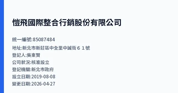 愷飛國際整合行銷股份有限公司的照片-統編 85087484(新北市) 公司登記資料與營業項目詳細圖表