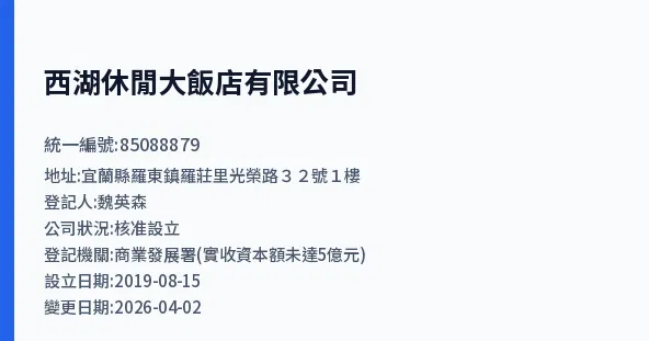 西湖休閒大飯店有限公司的照片-統編 85088879(宜蘭縣) 公司登記資料與營業項目詳細圖表