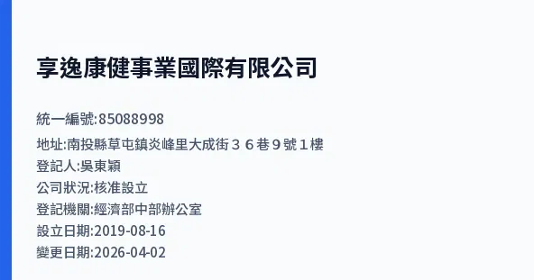 享逸康健事業國際有限公司的照片-統編 85088998(南投縣) 公司登記資料與營業項目詳細圖表