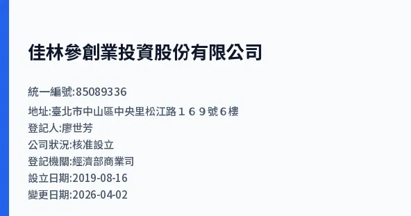 佳林參創業投資股份有限公司的照片-統編 85089336(臺北市) 公司登記資料與營業項目詳細圖表