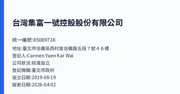 台灣集富一號控股股份有限公司的照片-統編 85089716(臺北市) 公司登記資料與營業項目詳細圖表