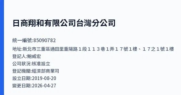 日商翔和有限公司台灣分公司的照片-統編 85090782(新北市) 公司登記資料與營業項目詳細圖表