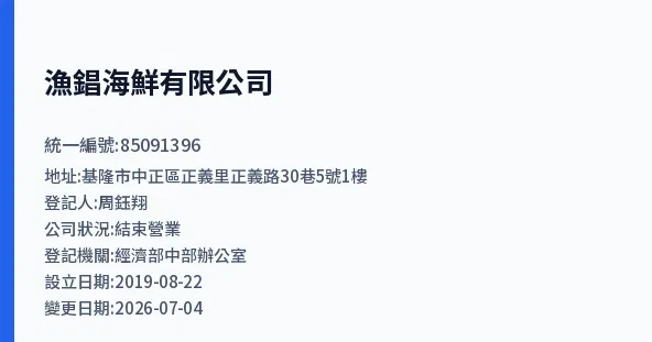 漁錩海鮮有限公司的照片-統編 85091396(基隆市) 公司登記資料與營業項目詳細圖表