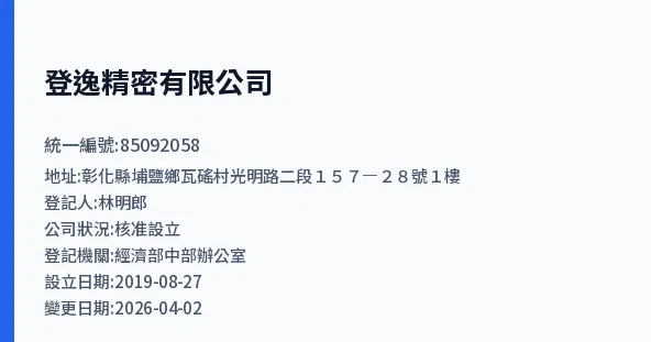 登逸精密有限公司的照片-統編 85092058(彰化縣) 公司登記資料與營業項目詳細圖表