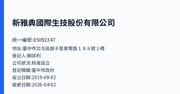 新雅典國際生技股份有限公司的照片-統編 85092347(臺中市) 公司登記資料與營業項目詳細圖表