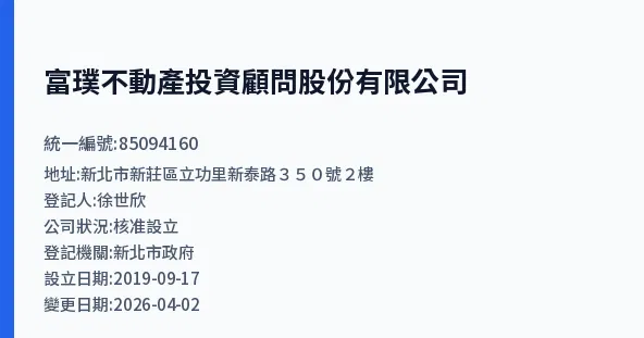富璞不動產投資顧問股份有限公司的照片-統編 85094160(新北市) 公司登記資料與營業項目詳細圖表