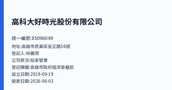 高科大好時光股份有限公司的照片-統編 85096049(高雄市) 公司登記資料與營業項目詳細圖表