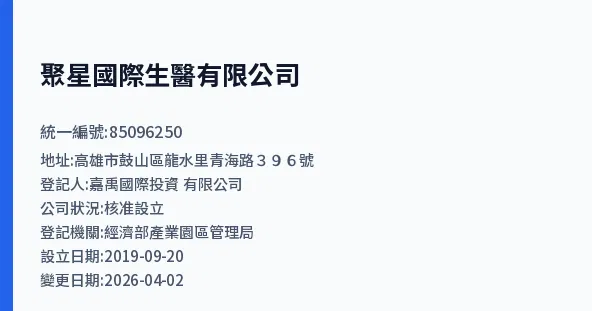 聚星國際生醫有限公司的照片-統編 85096250(高雄市) 公司登記資料與營業項目詳細圖表
