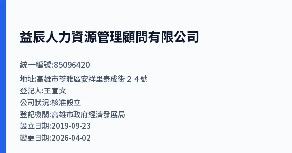 益辰人力資源管理顧問有限公司的照片-統編 85096420(高雄市) 公司登記資料與營業項目詳細圖表