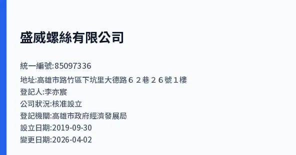 盛威螺絲有限公司的照片-統編 85097336(高雄市) 公司登記資料與營業項目詳細圖表