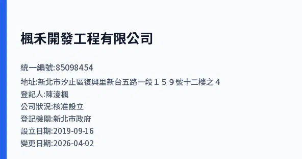 楓禾開發工程有限公司的照片-統編 85098454(新北市) 公司登記資料與營業項目詳細圖表