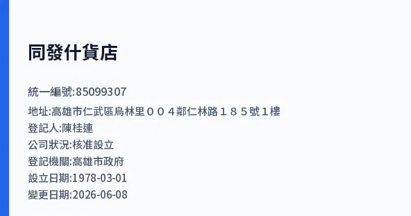 同發什貨店的照片-統編 85099307(高雄市) 公司登記資料與營業項目詳細圖表