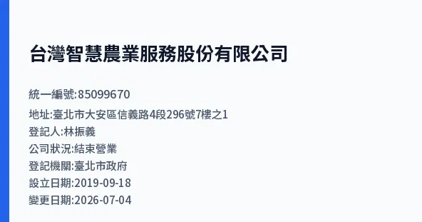 台灣智慧農業服務股份有限公司的照片-統編 85099670(臺北市) 公司登記資料與營業項目詳細圖表