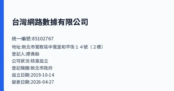 台灣網路數據有限公司的照片-統編 85102767(新北市) 公司登記資料與營業項目詳細圖表