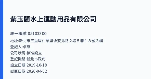 紫玉蘭水上運動用品有限公司的照片-統編 85103800(新北市) 公司登記資料與營業項目詳細圖表