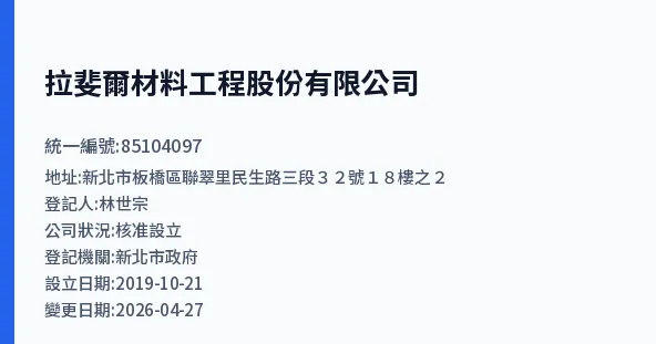 拉斐爾材料工程股份有限公司的照片-統編 85104097(新北市) 公司登記資料與營業項目詳細圖表