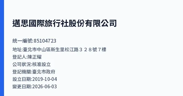 邁思國際旅行社股份有限公司的照片-統編 85104723(臺北市) 公司登記資料與營業項目詳細圖表