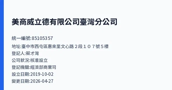 美商威立德有限公司臺灣分公司的照片-統編 85105357(臺中市) 公司登記資料與營業項目詳細圖表