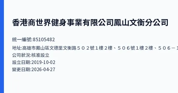 香港商世界健身事業有限公司鳳山文衡分公司的照片-統編 85105482(高雄市) 公司登記資料與營業項目詳細圖表