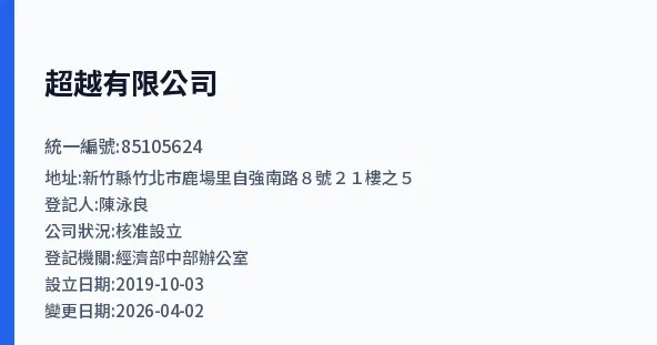 超越有限公司的照片-統編 85105624(新竹縣) 公司登記資料與營業項目詳細圖表